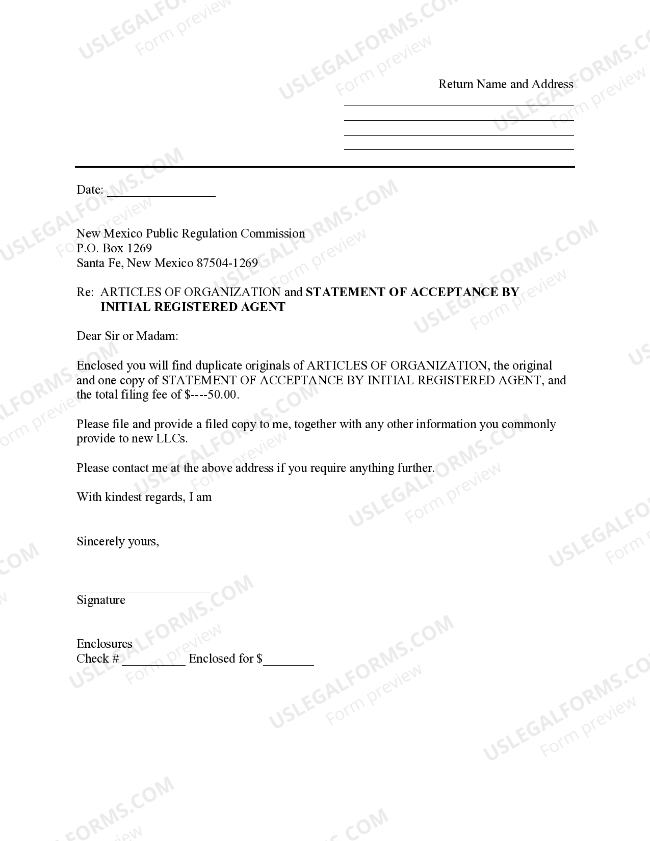 New Mexico Sample Cover Letter for Filing of LLC Articles or ...