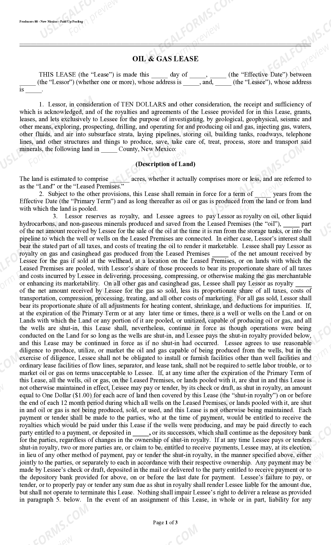 New Mexico Producers 88 Paid Up Lease Pooling Provision | US Legal Forms