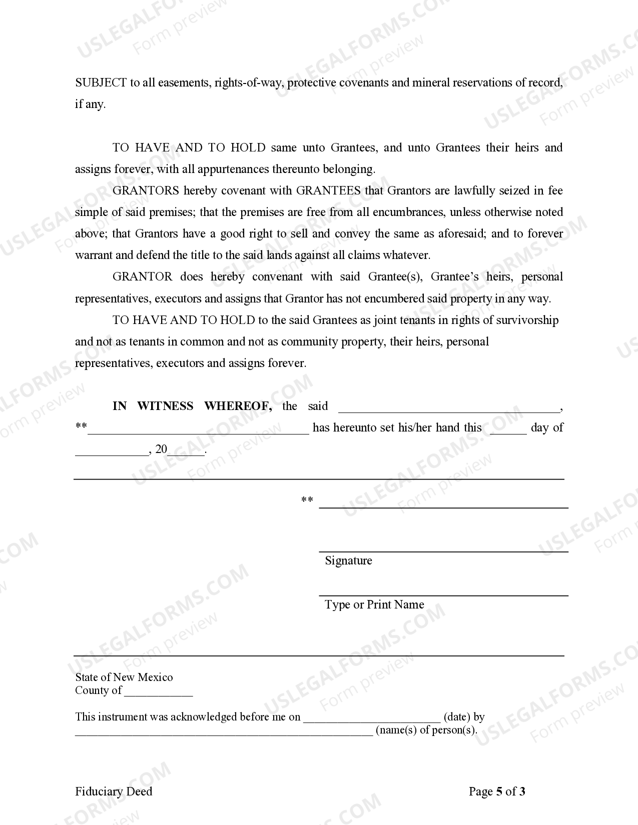 New Mexico Fiduciary Deed for use by Executors, Trustees, Trustors ...