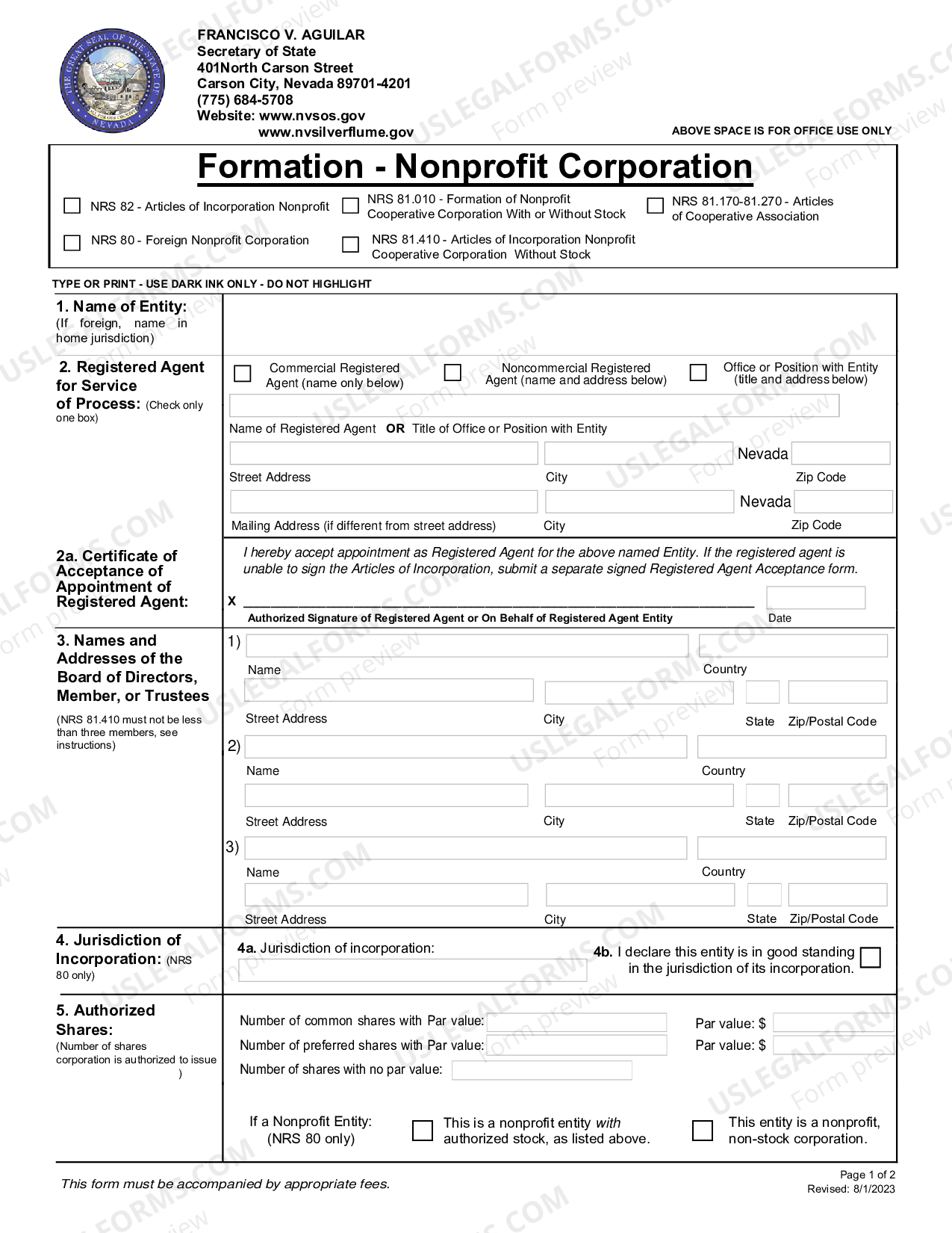 Nevada Articles of Incorporation for Domestic Nonprofit Corporation ...