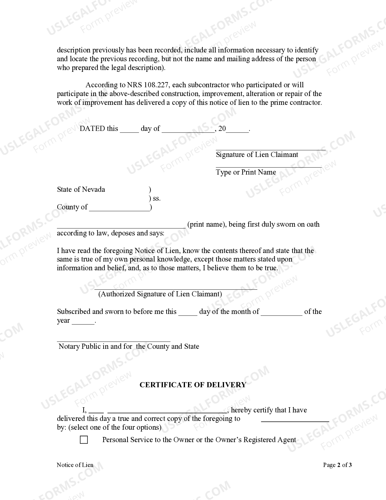 Nevada Notice of Lien - Individual - Lien Notice Property | US Legal Forms