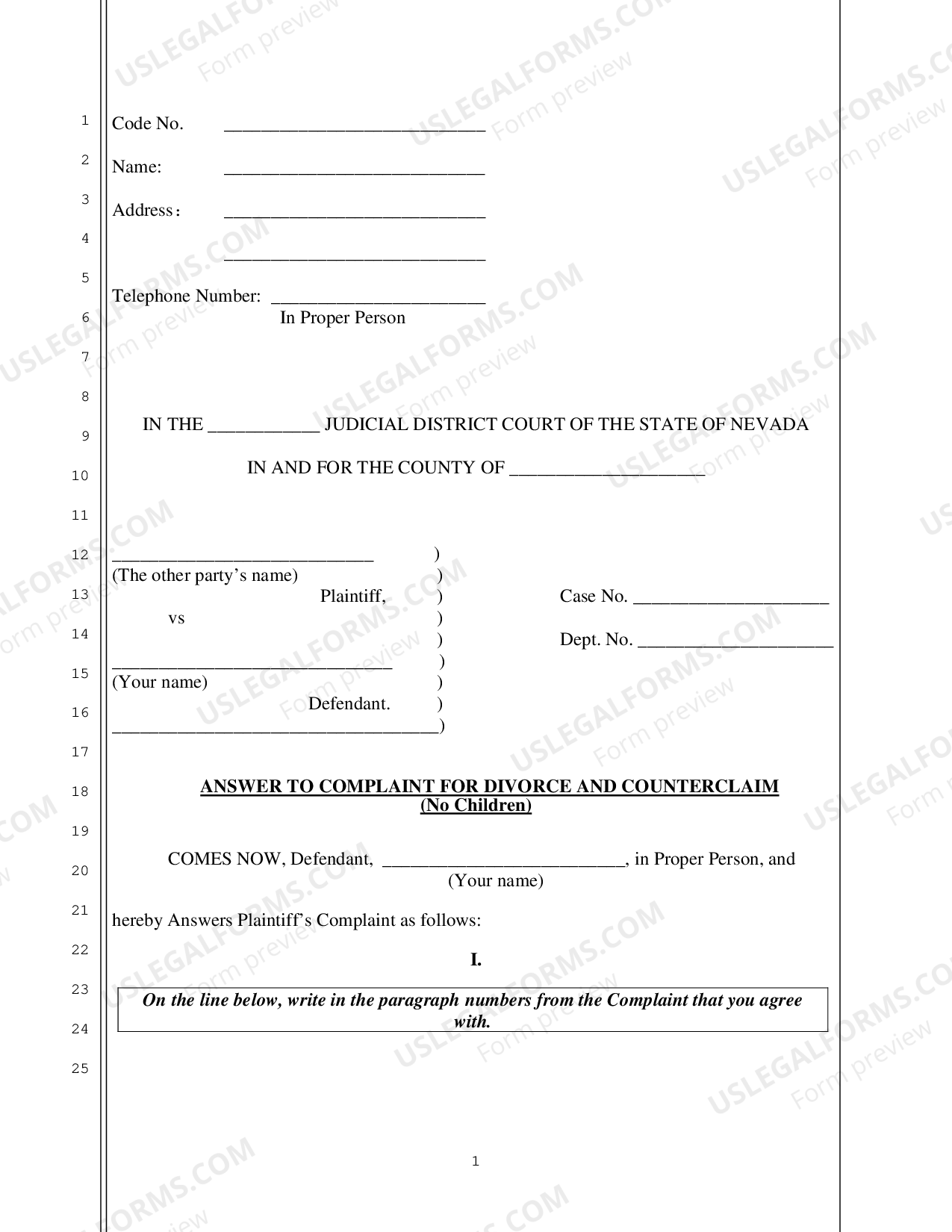 Nevada Answer to Complaint to Divorce and Counterclaim no Children | US Legal Forms