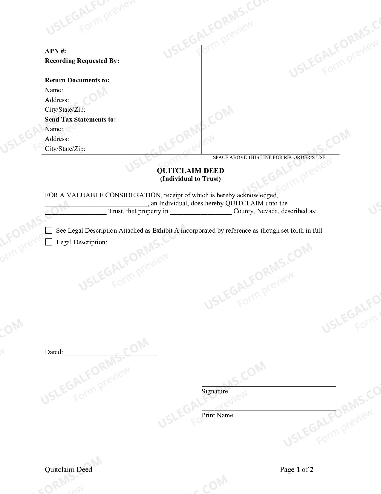 Nevada Quitclaim Deed - Individual to a Trust | US Legal Forms