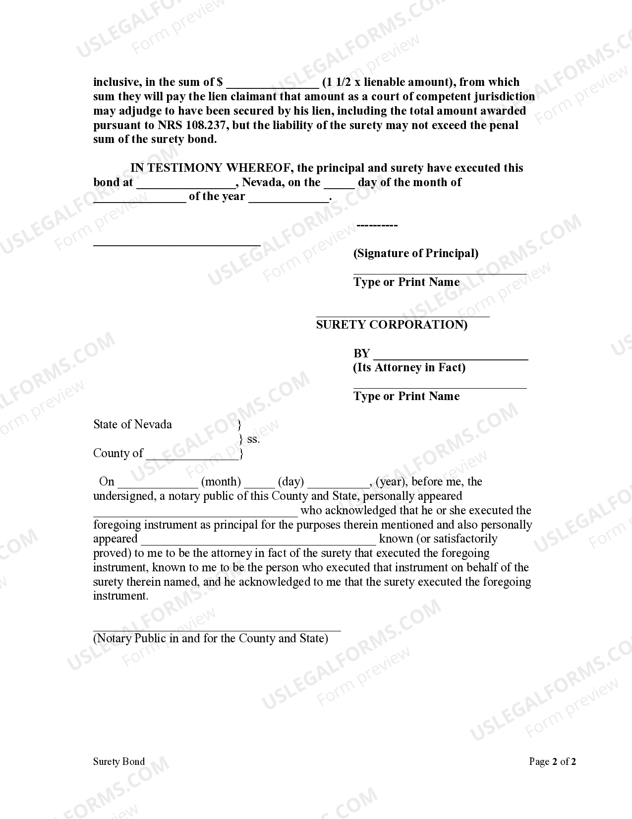 Nevada Surety Bond Form - Individual - Nevada Surety Bond | US Legal Forms