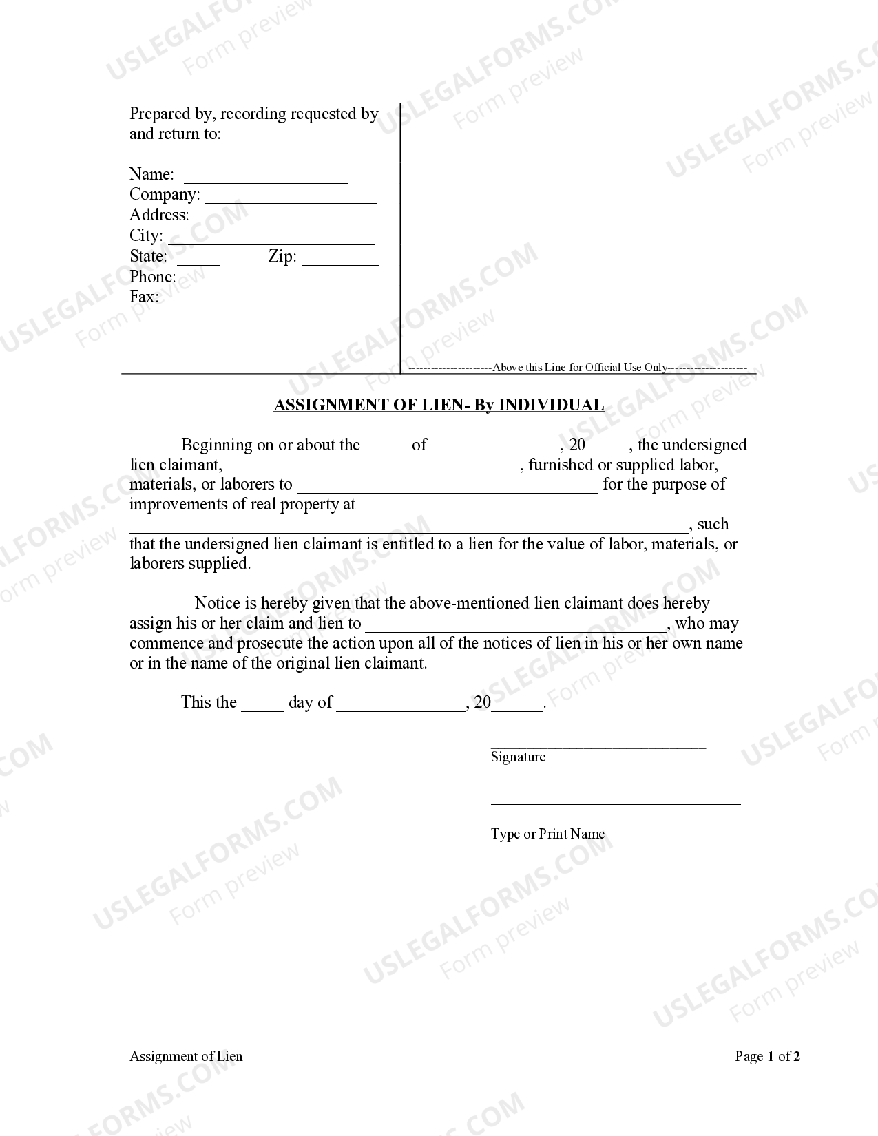Nevada Assignment of Lien - Individual | US Legal Forms