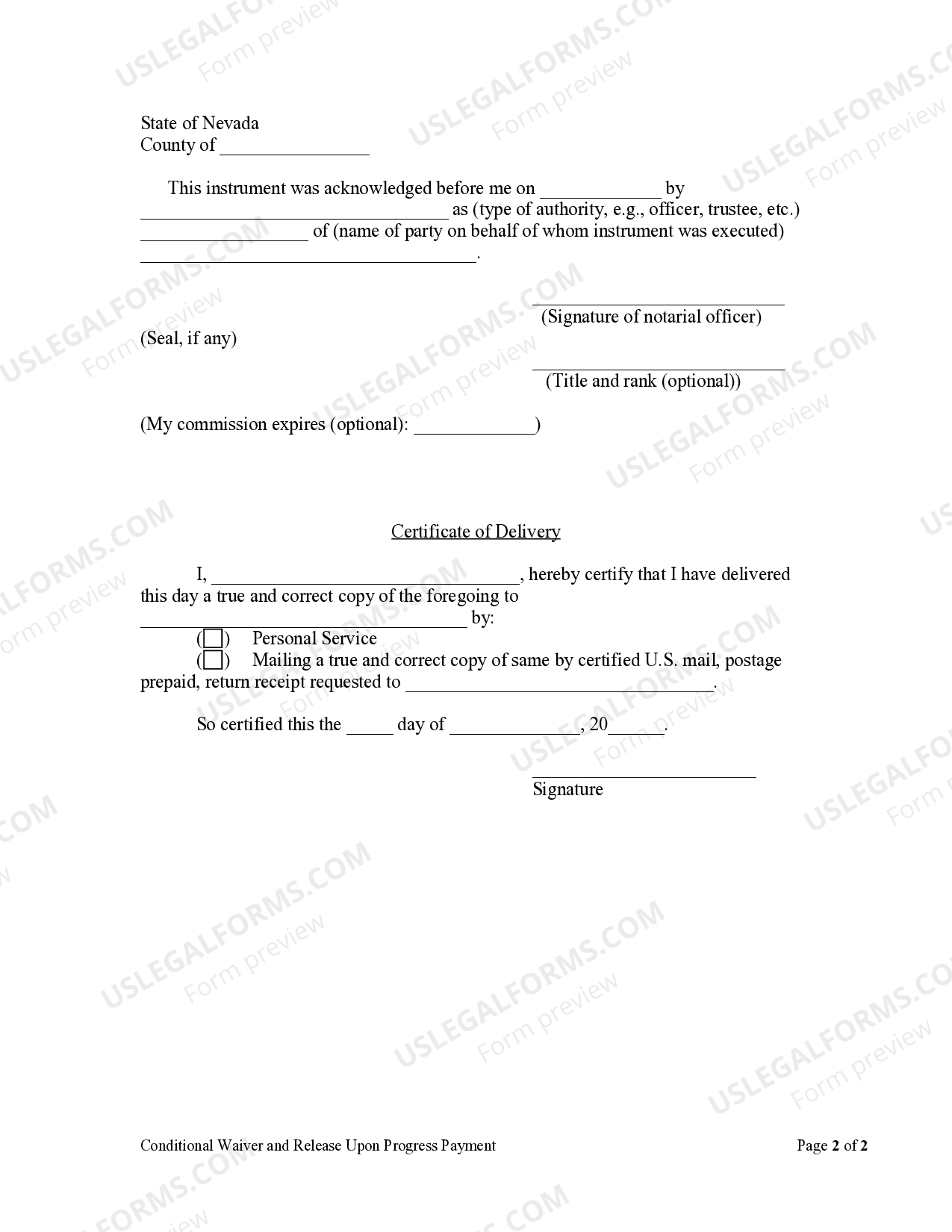 Nevada Conditional Waiver and Release Upon Progress Payment ...