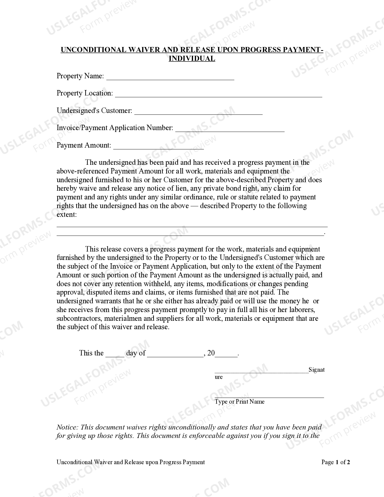 Nevada Unconditional Waiver and Release Upon Progress Payment - Nv ...