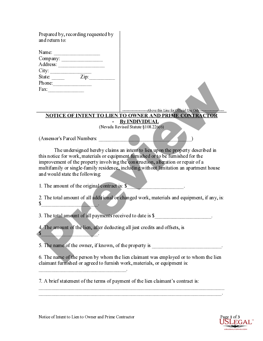 Clark Nevada Notice Of Intent To Lien To Owner And Prime Contractor 