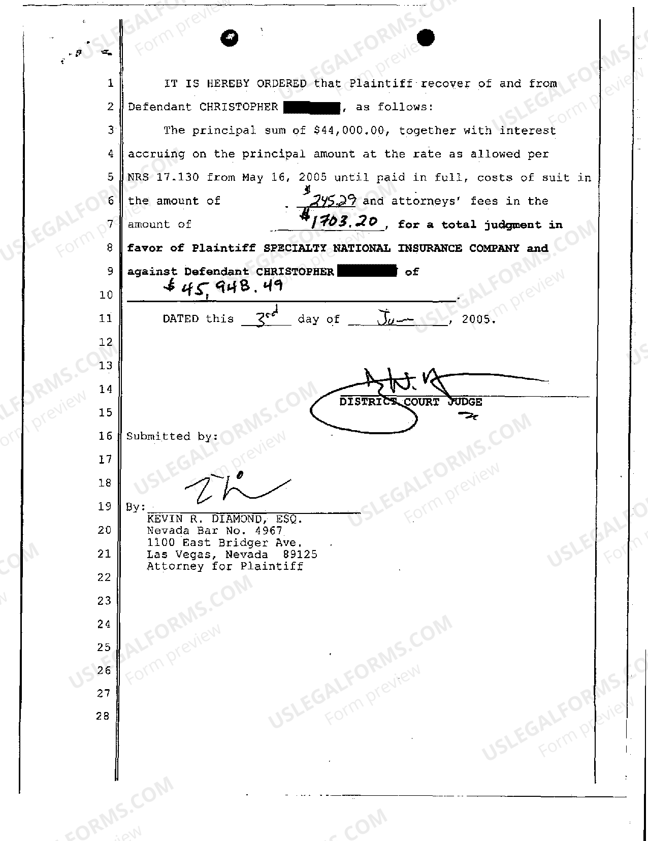 Nevada Order and Default Judgment Against Defendant | US Legal Forms