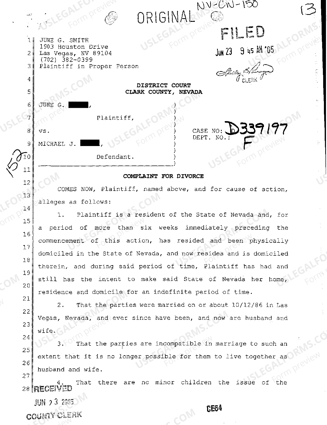 Nevada Complaint for Divorce with No Children but with Community ...