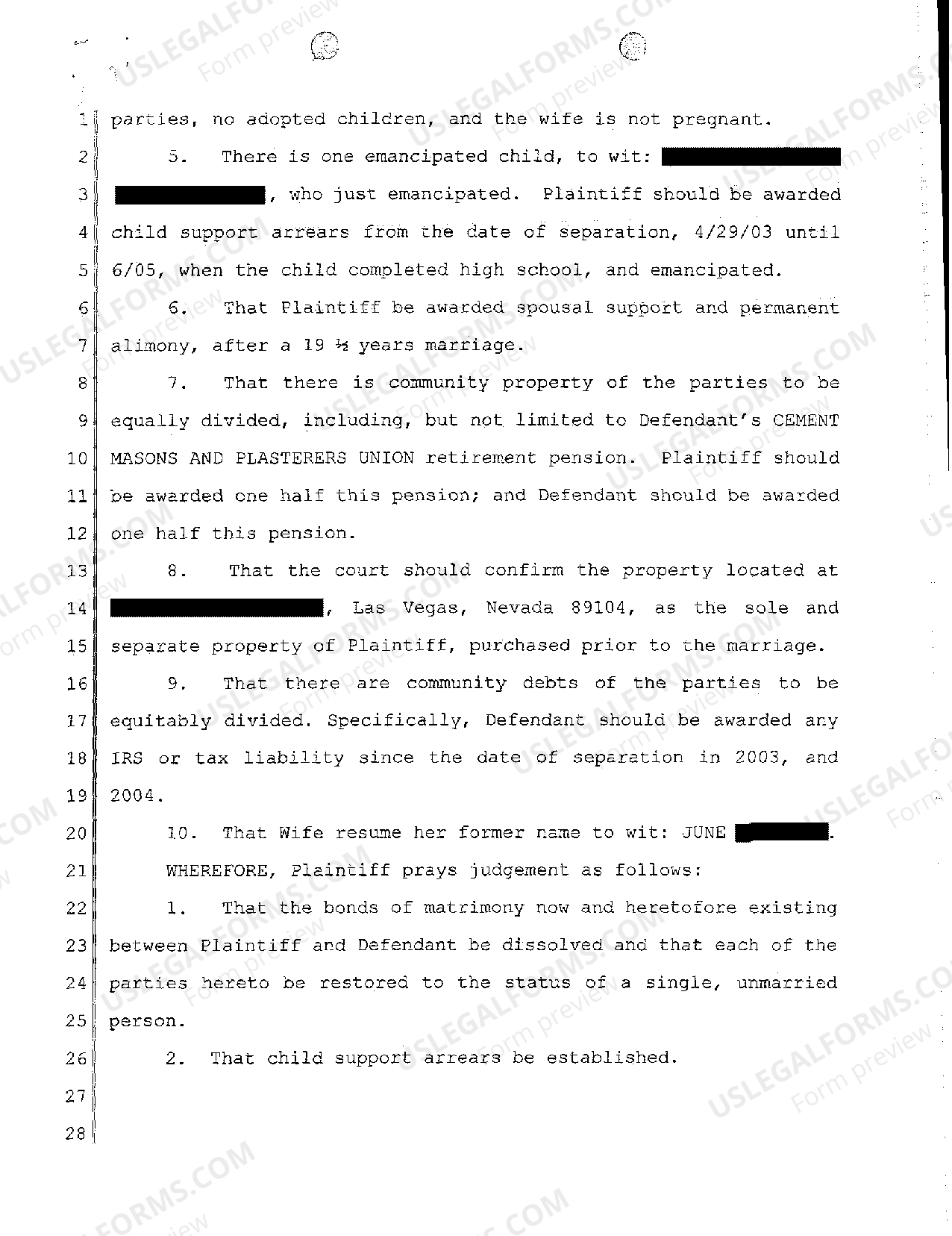 Nevada Complaint for Divorce with No Children but with Community ...