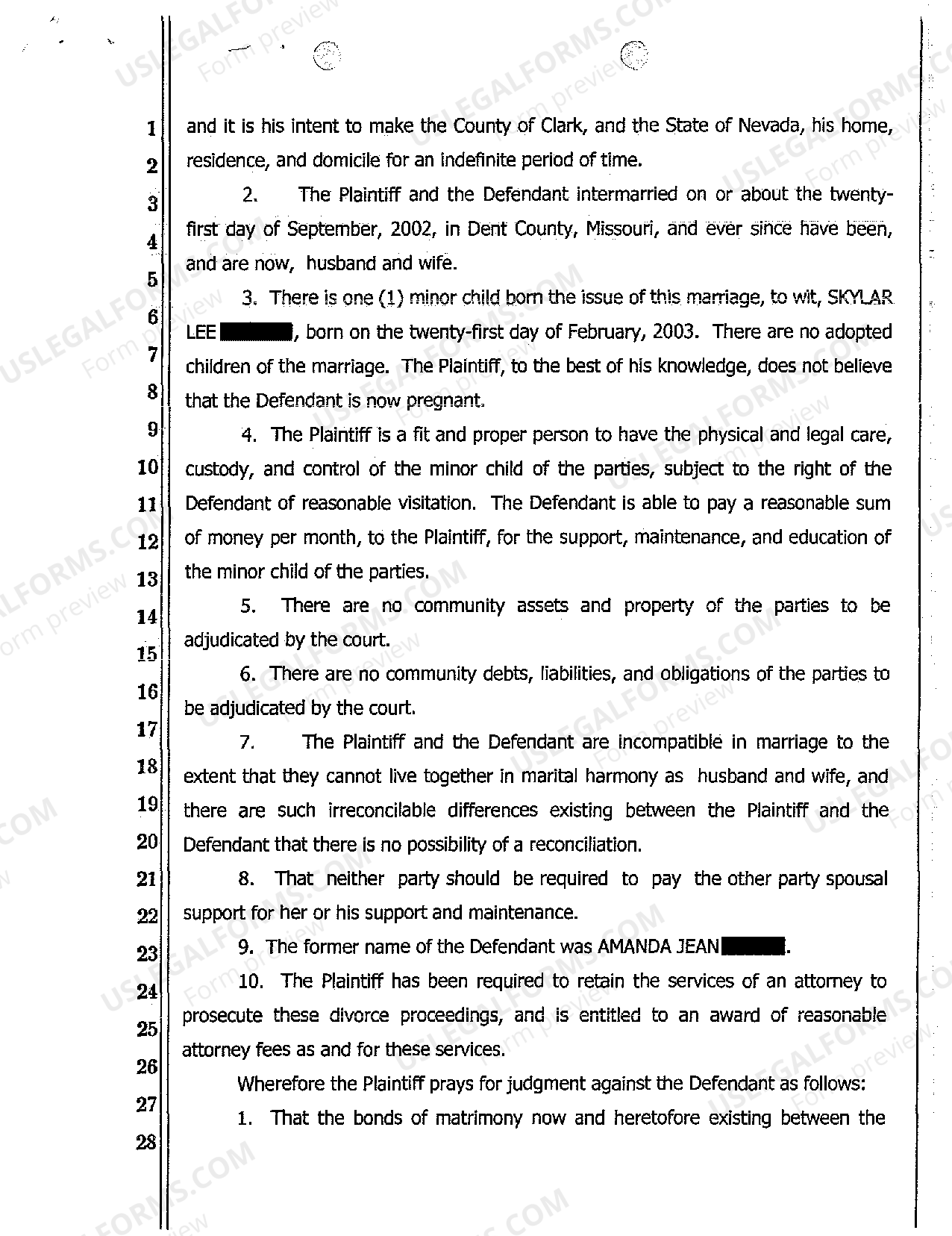 Nevada Complaint for Divorce with One Minor Child and No Community ...