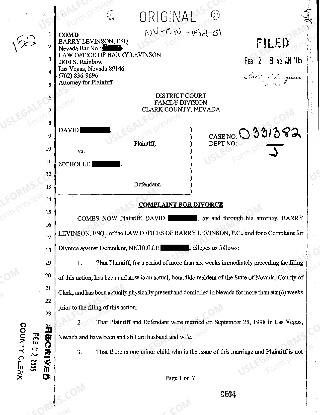 Nevada Complaint for Divorce with One Minor Child and Community Property and Debt | US Legal Forms