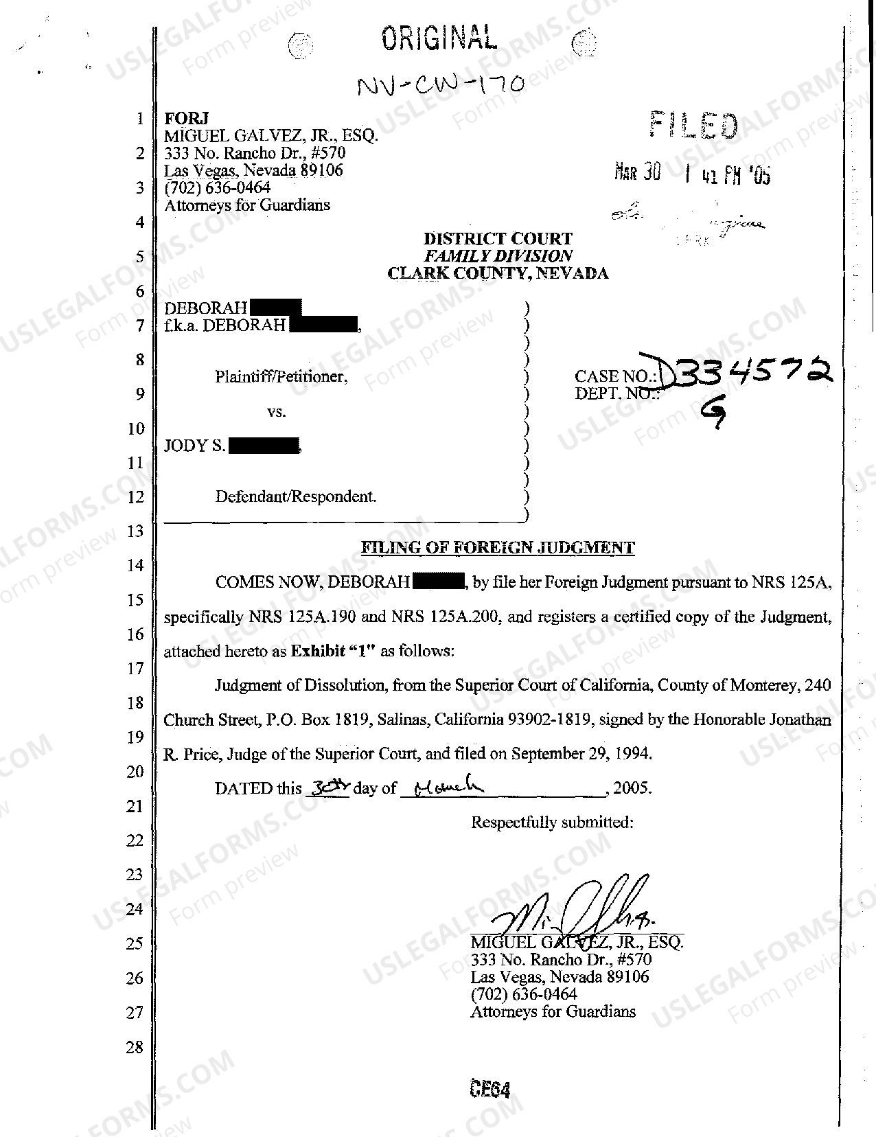 Nevada Filing of Foreign Judgment of Dissolution of Marriage | US Legal ...