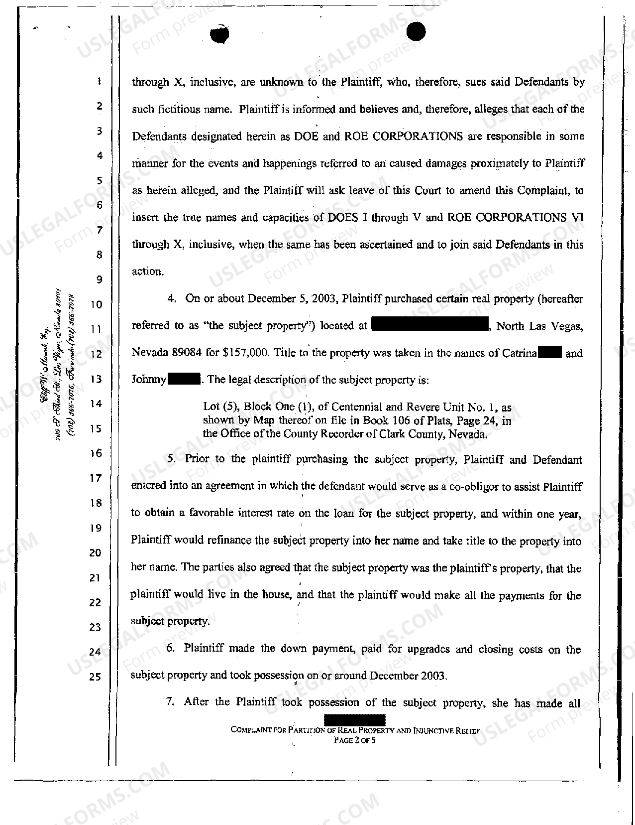 Nevada Complaint - Judicial Partition Due to Breach of Contract by Co ...