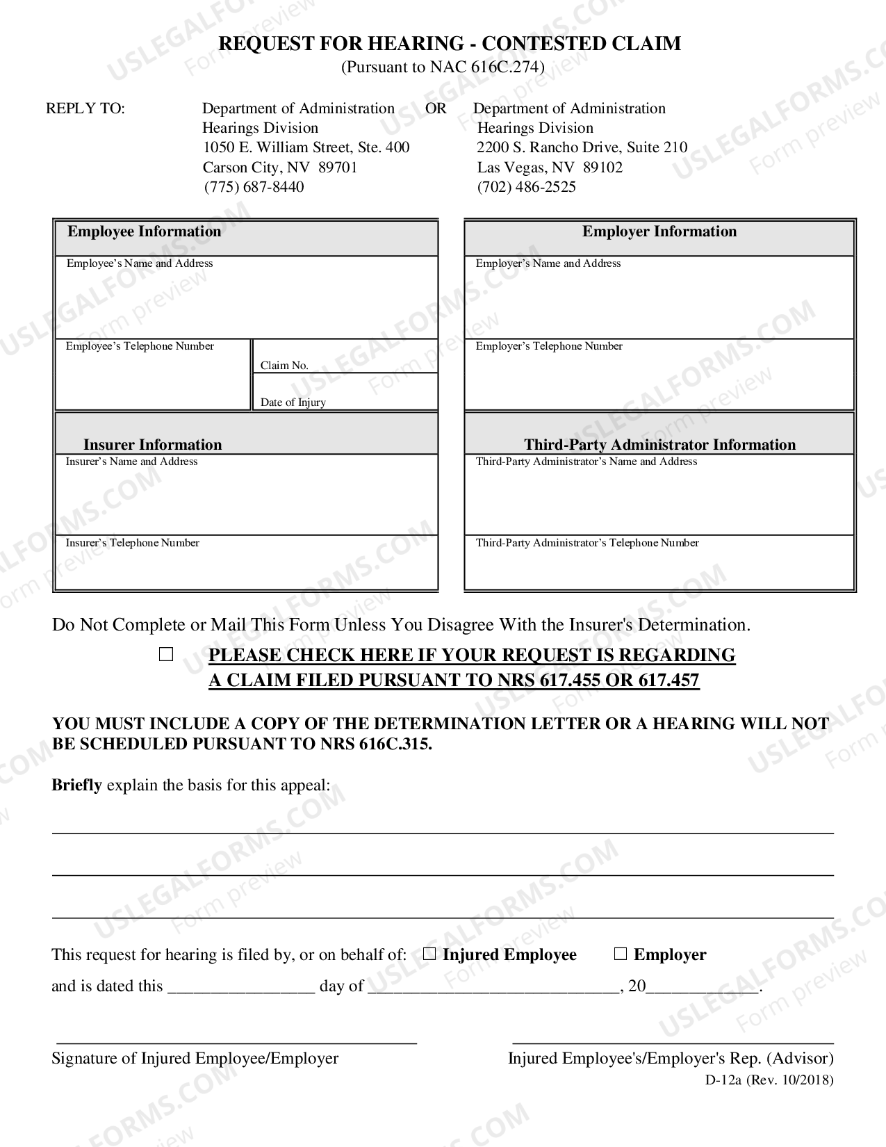 Nevada Request for Hearing - Contested Claim | US Legal Forms