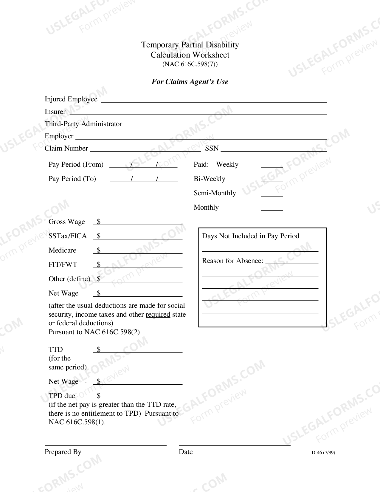 Nevada Temporary Partial Disability Calculation Worksheet | US Legal Forms