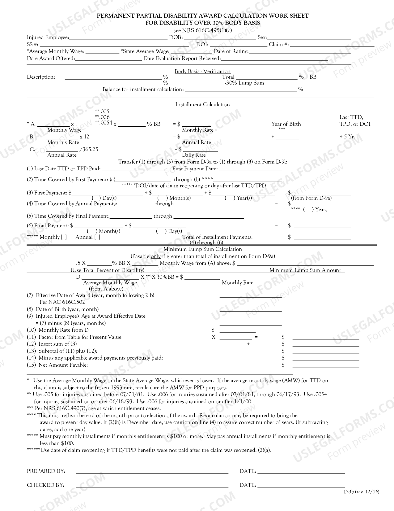 Nevada Permanent Partial Disability Award Calculation Worksheet for ...