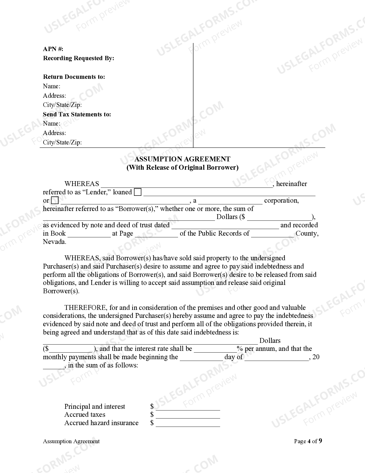 Nevada Assumption Agreement of Deed of Trust and Release of Original ...