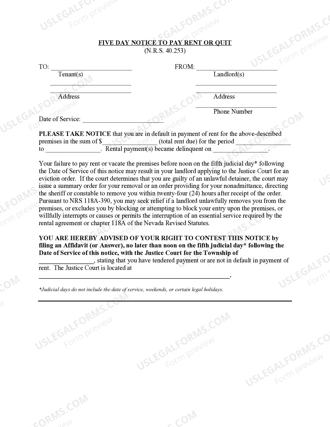 Nevada Five (5) Day Notice to Pay or Quit | US Legal Forms