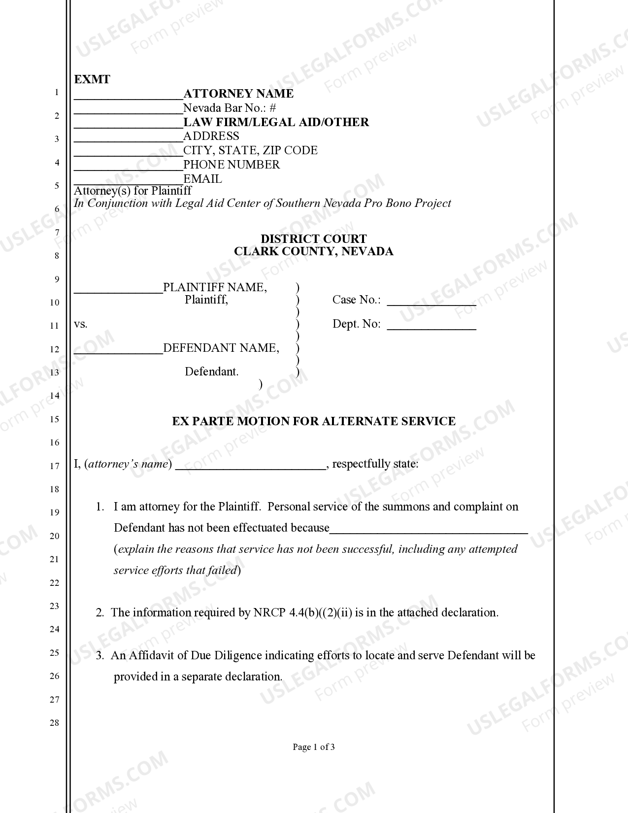 Nevada Exparte Motion for Alternate Service | US Legal Forms