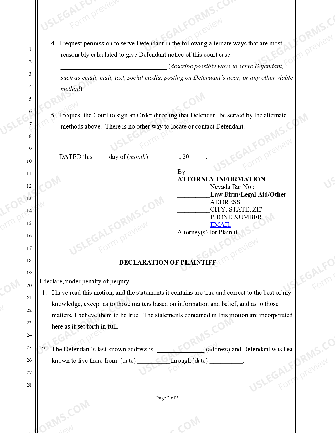 Nevada Exparte Motion for Alternate Service | US Legal Forms