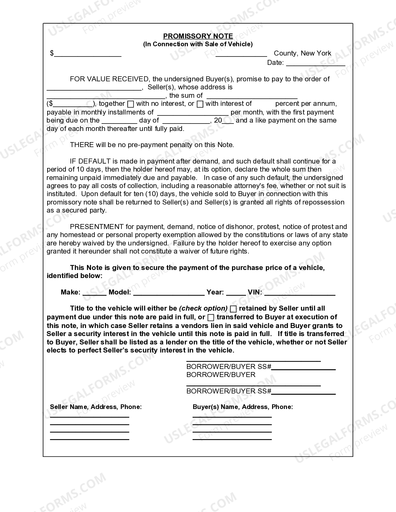 New York Promissory Note in Connection with Sale of Vehicle or ...