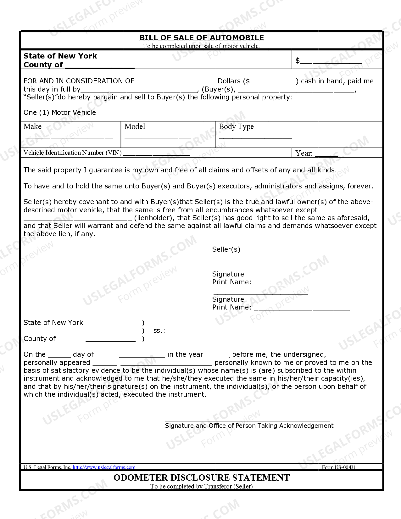 New York Bill of Sale of Automobile and Odometer Statement | US Legal Forms
