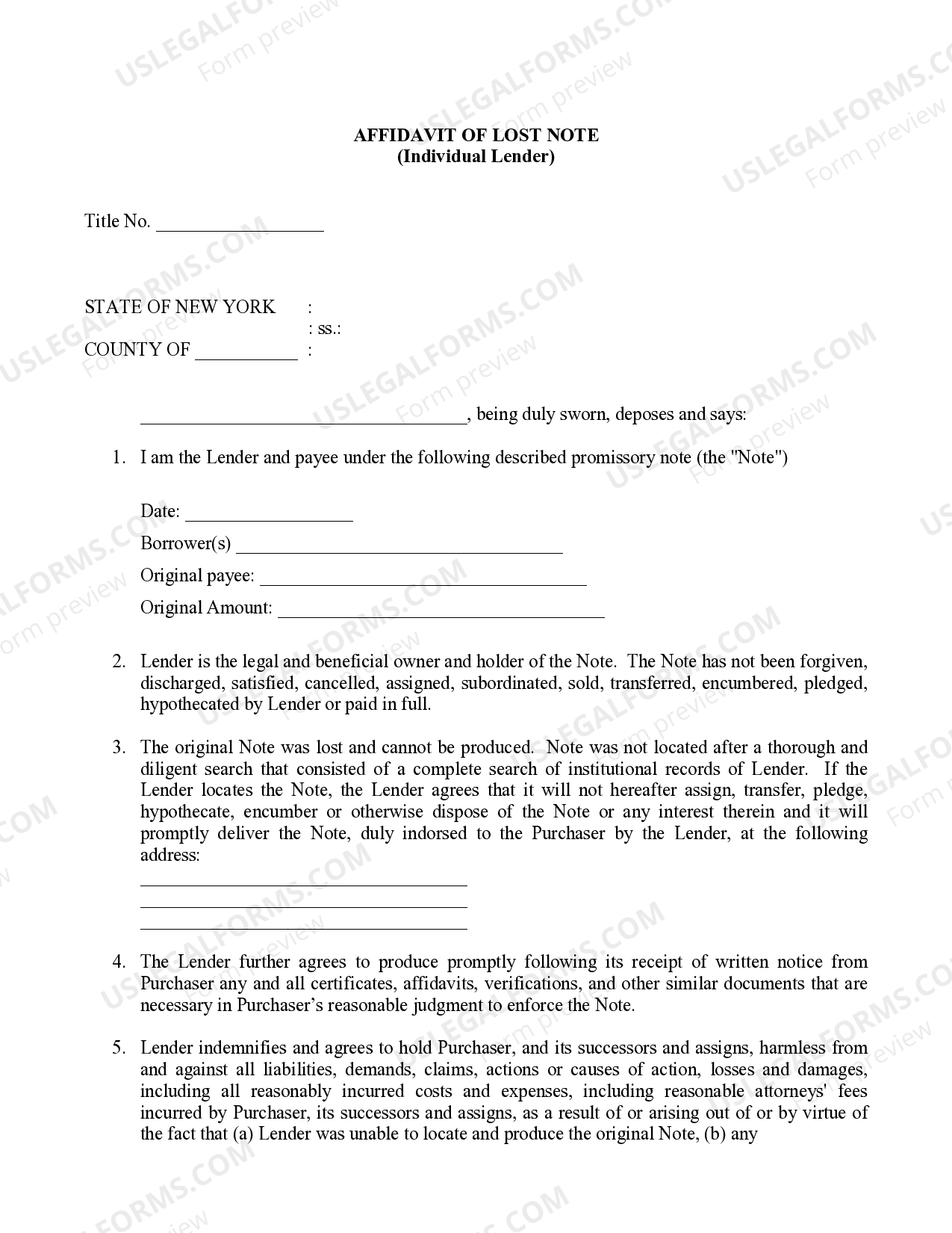 New York Affidavit of Lost Note | US Legal Forms