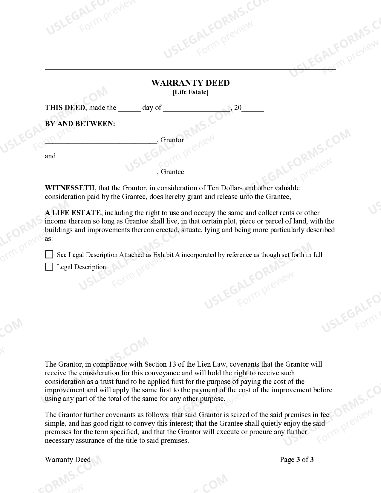 New York Warranty Deed - Deed Life Estate | US Legal Forms