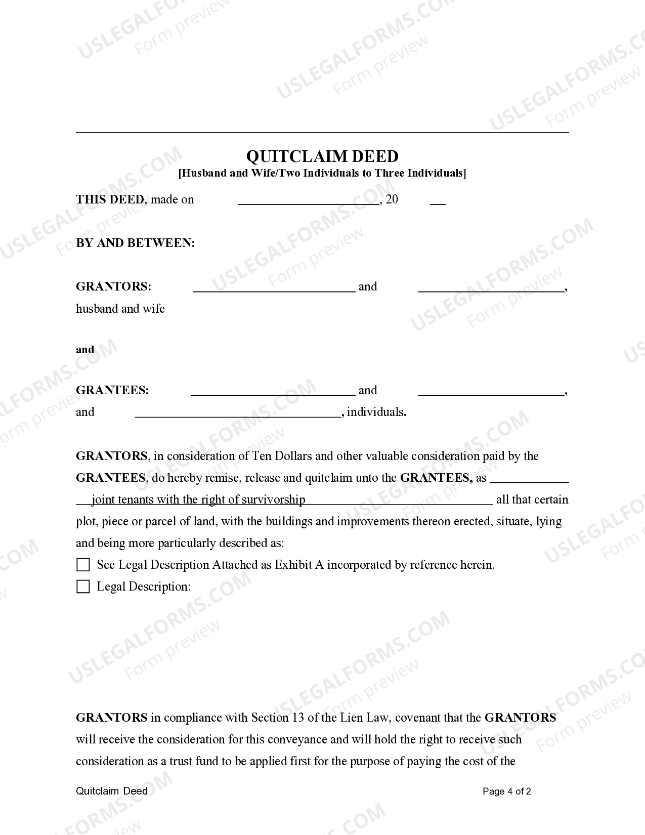 Bronx New York Quitclaim Deed from Husband and Wife / Two Individuals to Three Individuals - New ...