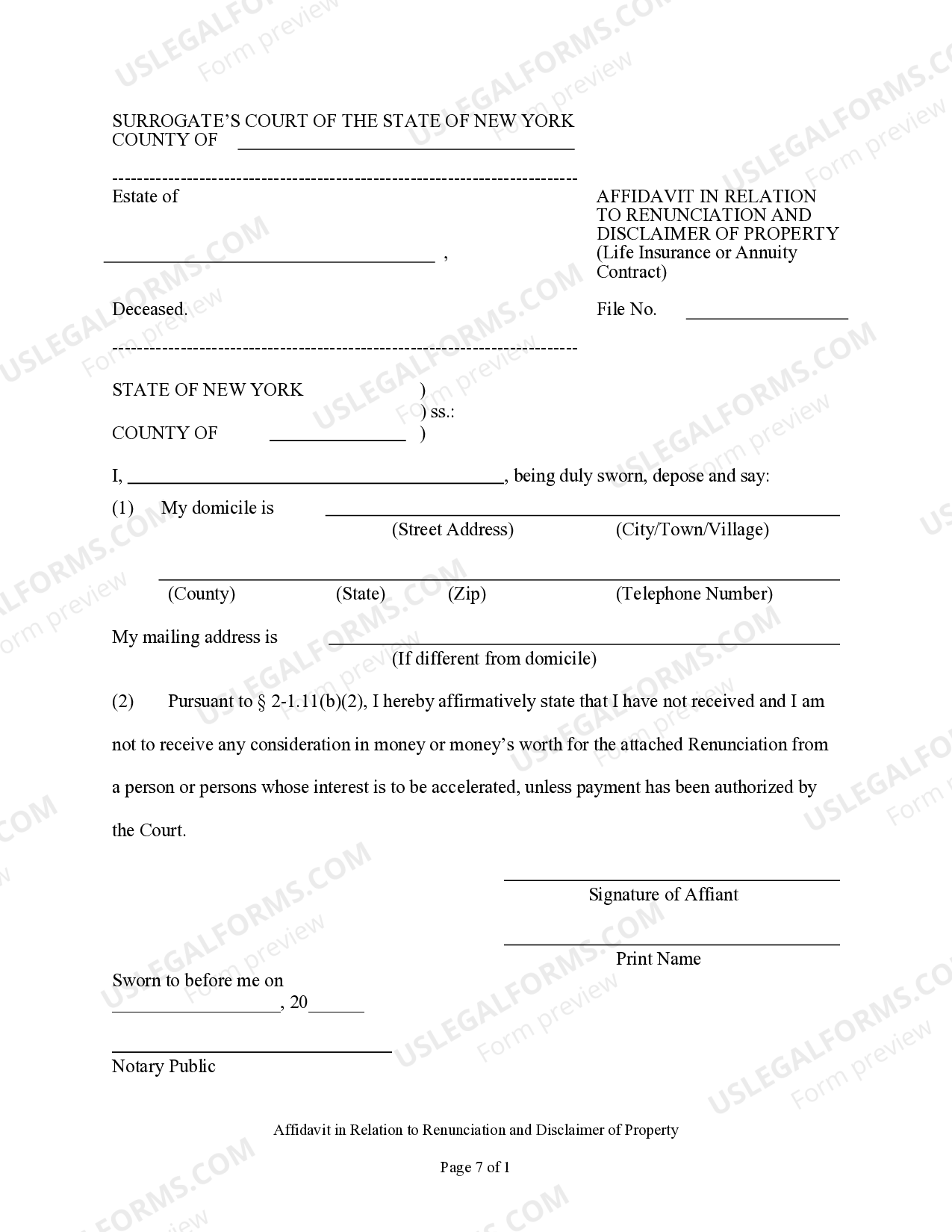 New York Renunciation And Disclaimer of Property received by Intestate ...