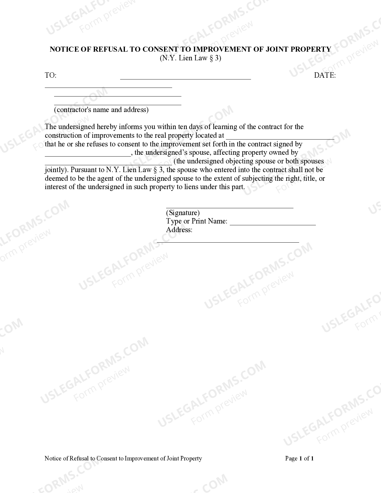New York Notice of Refusal to Consent to Improvement of Joint Property ...