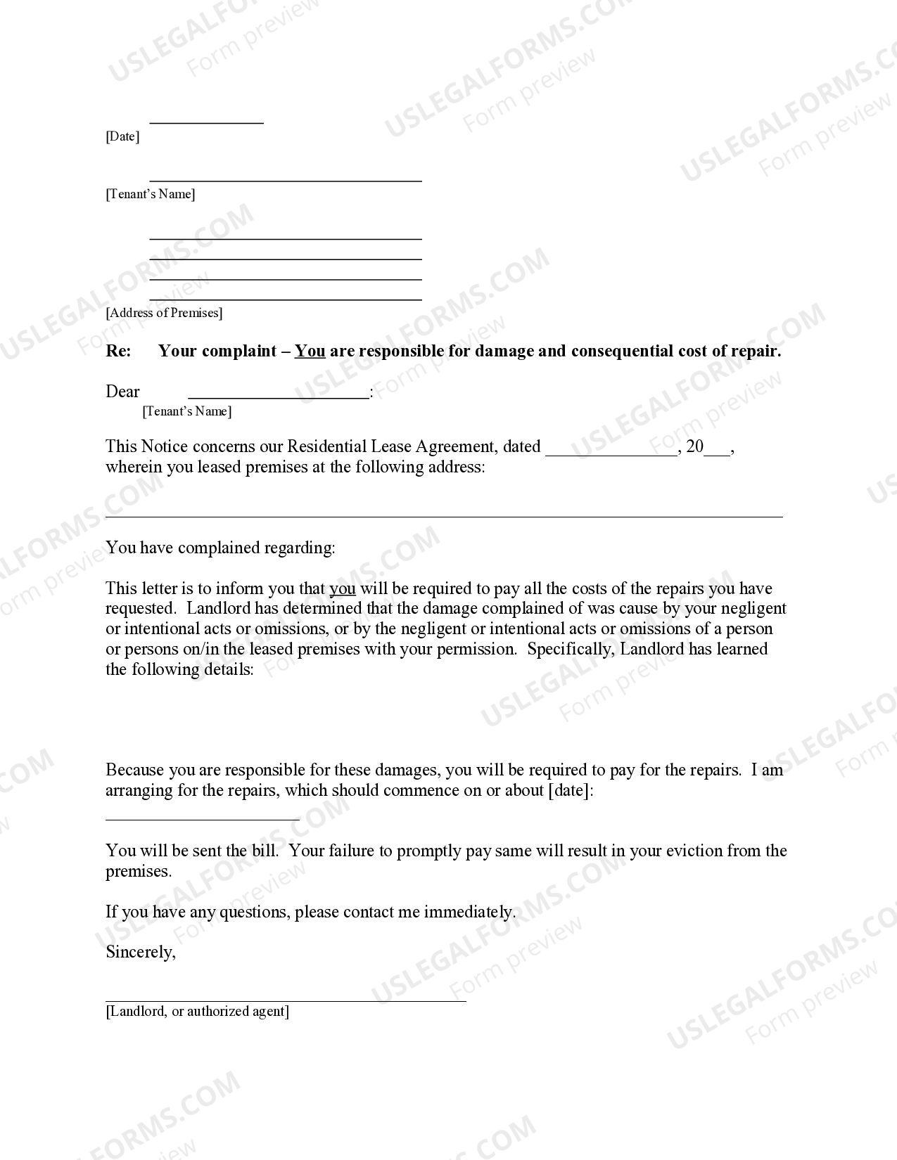 New York Letter from Landlord to Tenant where Tenant Complaint was ...