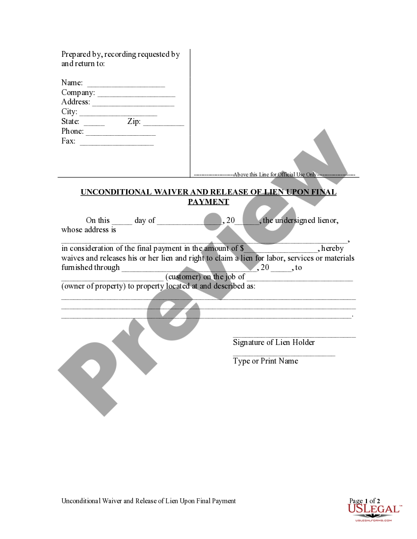 New York Unconditional Waiver And Release Of Lien Upon Final Payment 