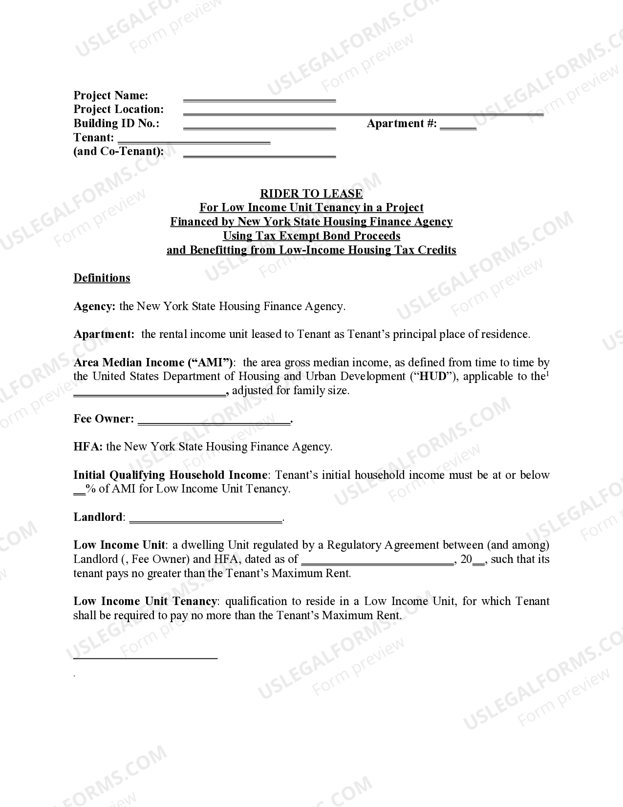 New York Rider to Lease for Low Income Projects | US Legal Forms
