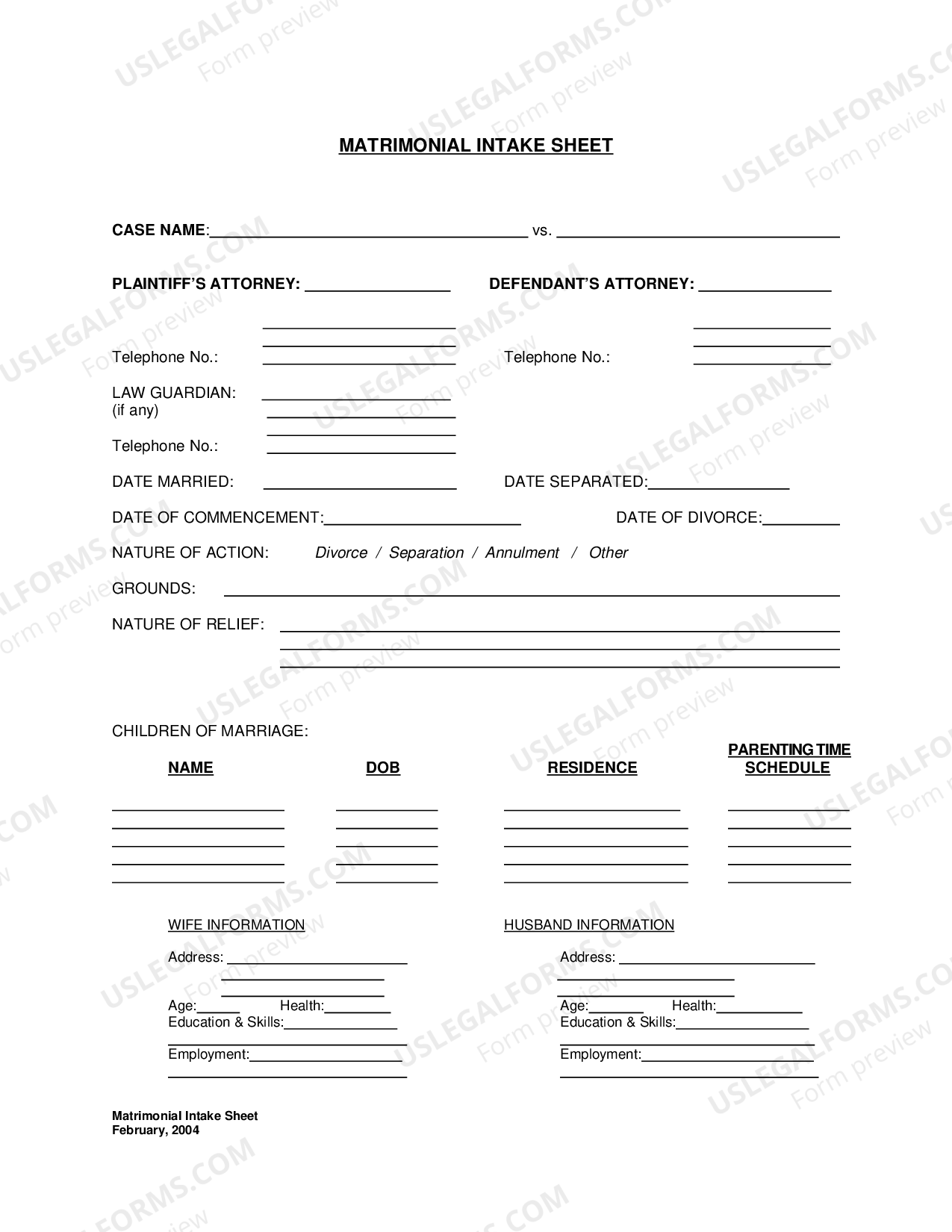 New York Matrimonial Intake Sheet - Divorce Intake Form Ny | US Legal Forms