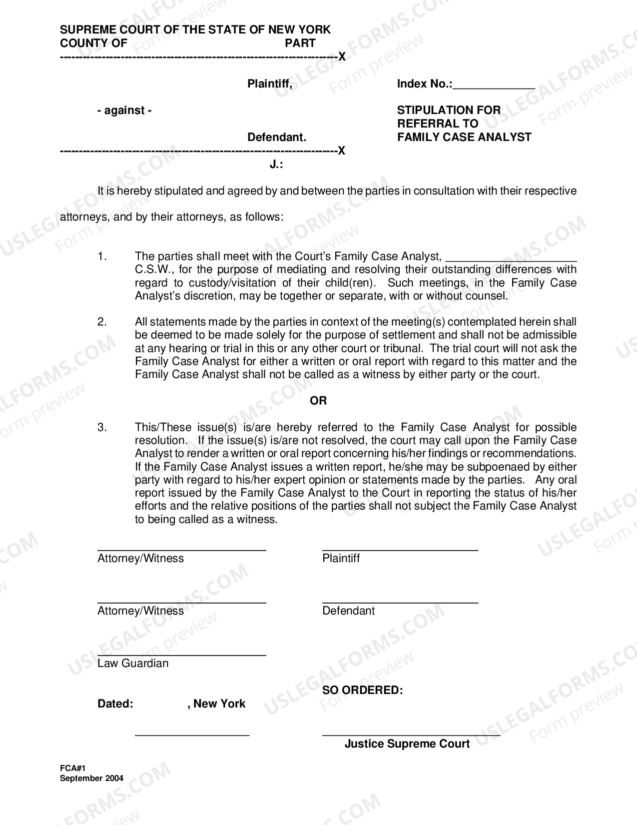 New York Stipulation for Referral to Family Case Analyst | US Legal Forms