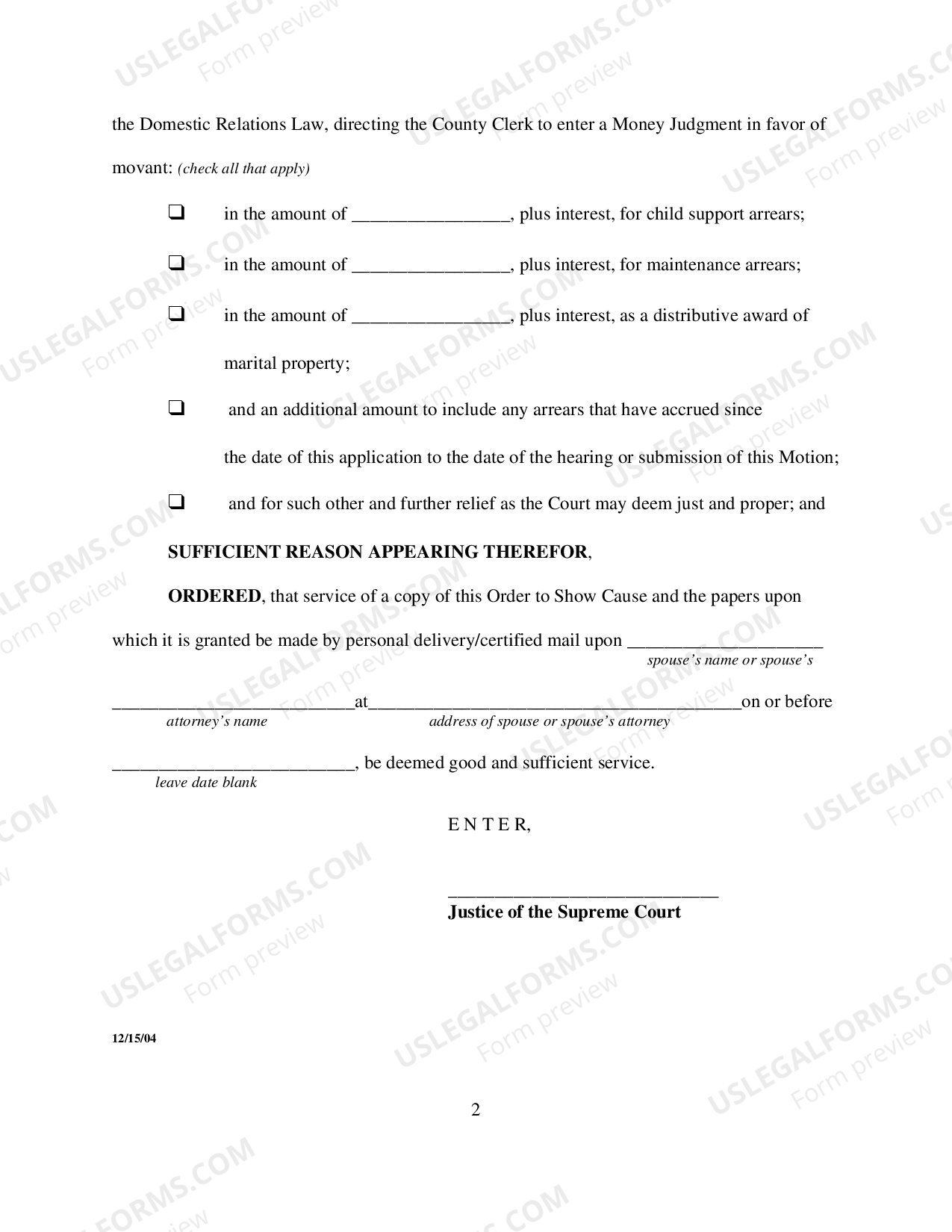 New York Order to Show Cause for Money Judgment | US Legal Forms