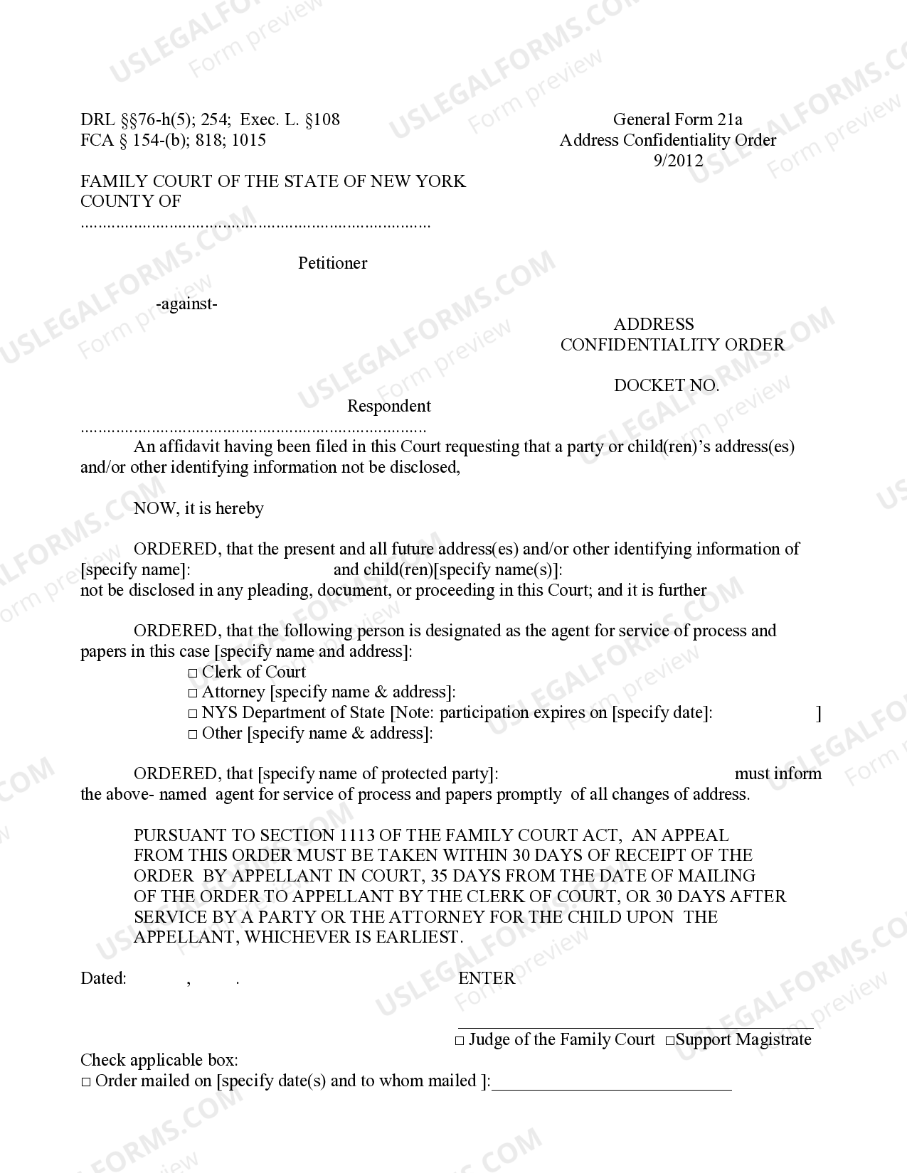 New York Address Confidentiality Order | US Legal Forms