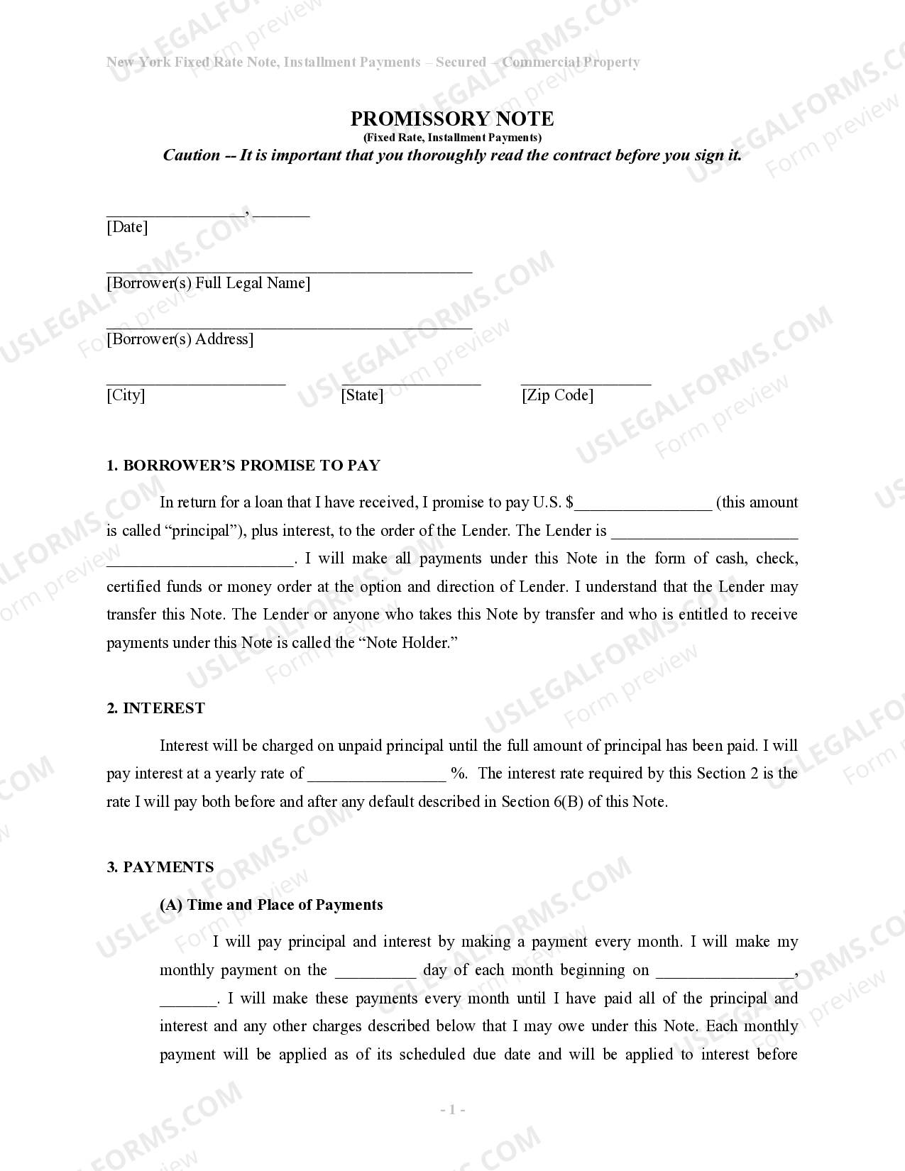 New York Installments Fixed Rate Promissory Note Secured by Commercial ...