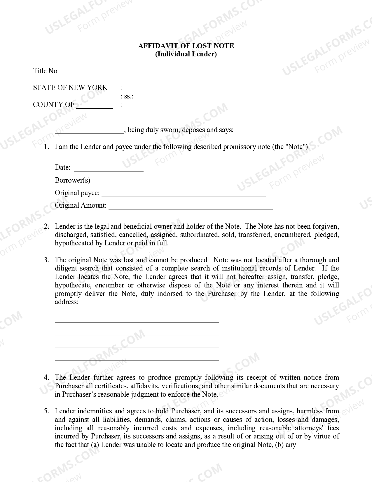New York Affidavit of Lost Note | US Legal Forms