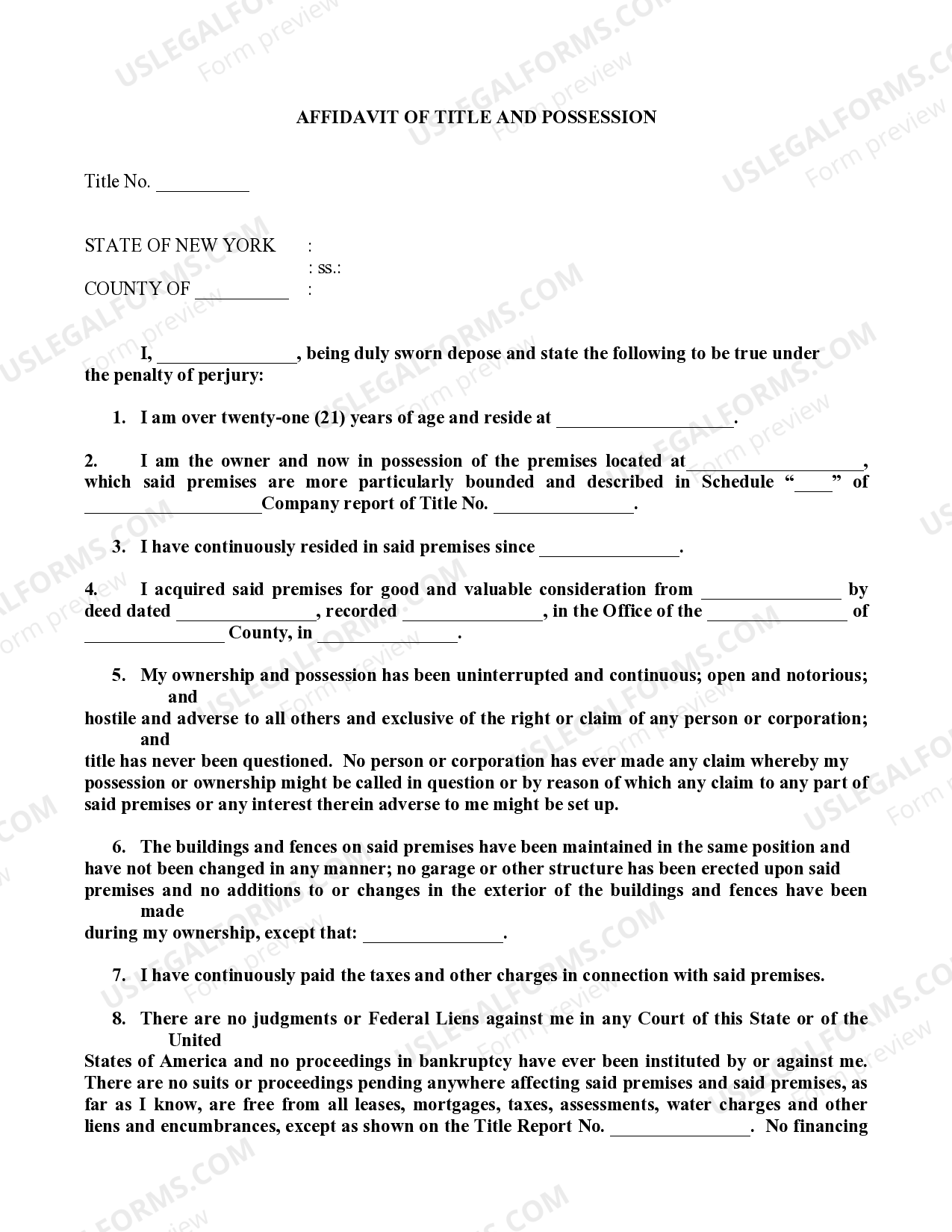 New York Affidavit of Title and Possession | US Legal Forms