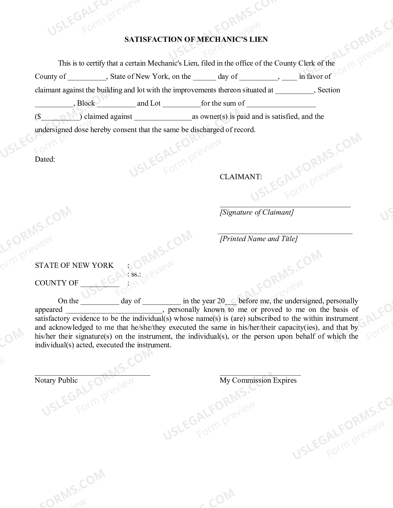 New York Satisfaction of Mechanic's Lien | US Legal Forms