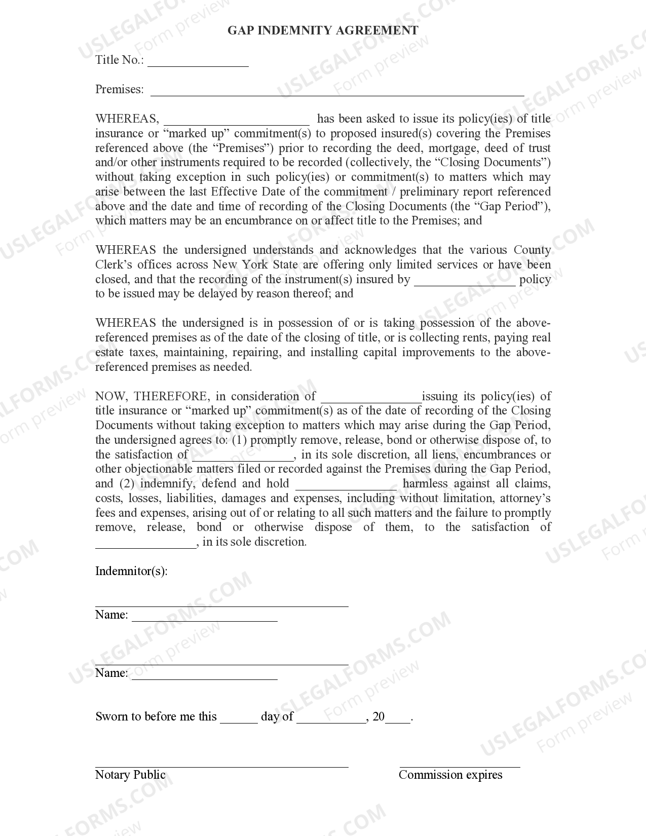 New York Gap Indemnity Agreement | US Legal Forms