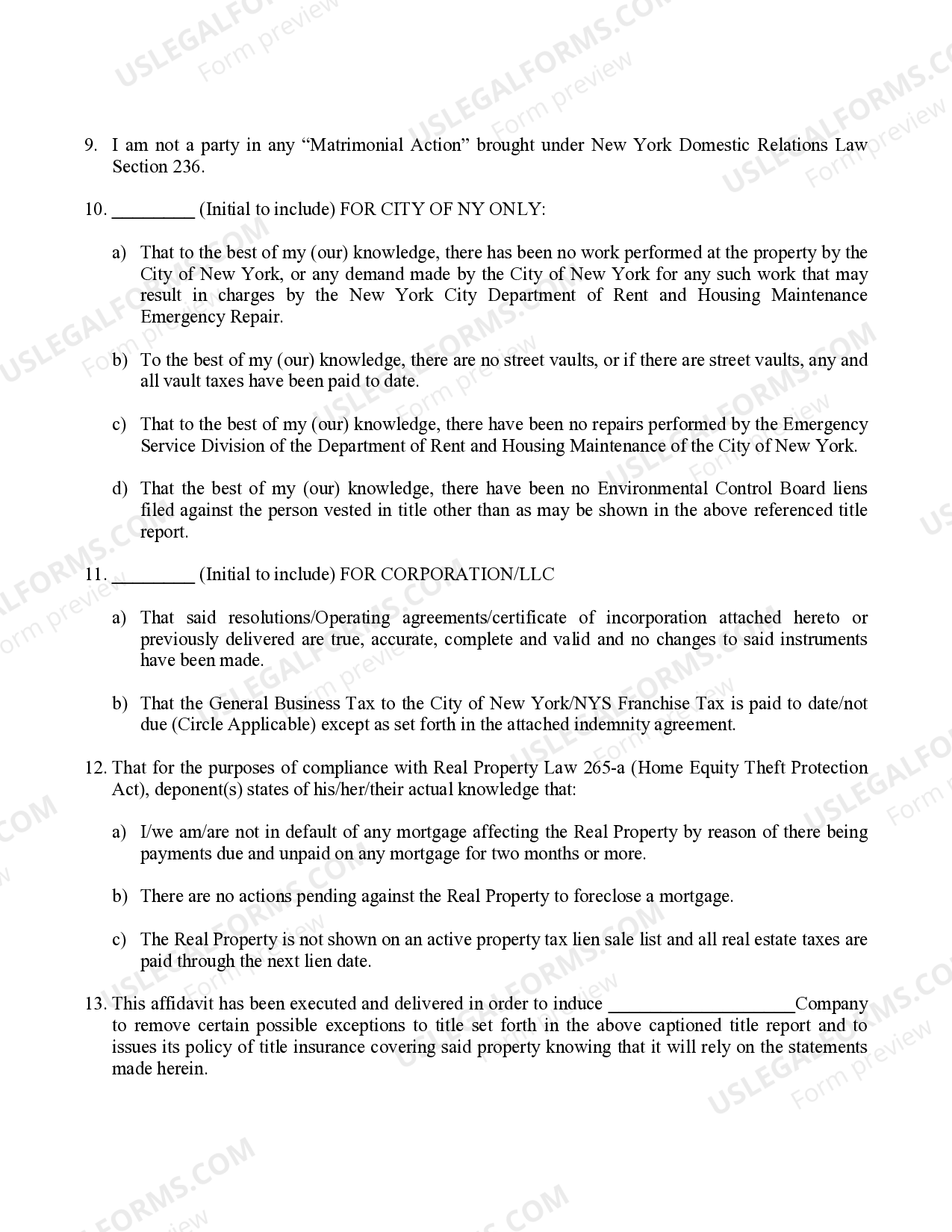 New York Multiple Exception Affidavit | US Legal Forms
