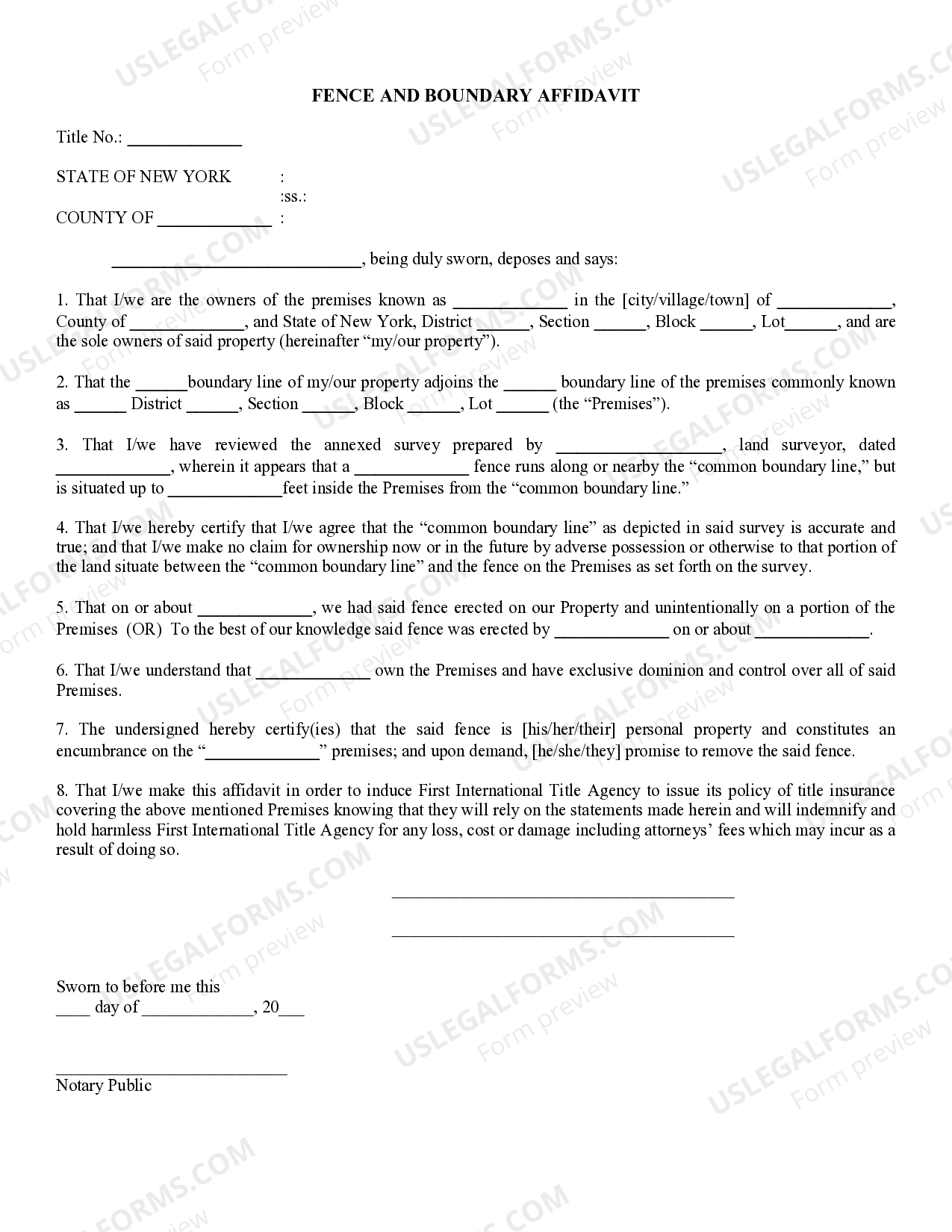 New York Fence and Boundary Affidavit | US Legal Forms