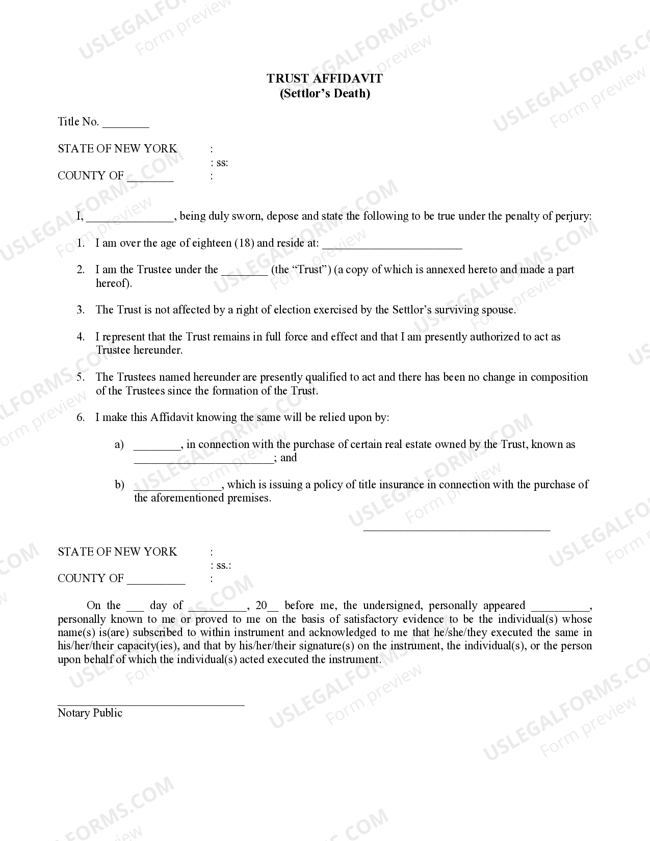 New York Trust Affidavit (Settlor's Death) | US Legal Forms