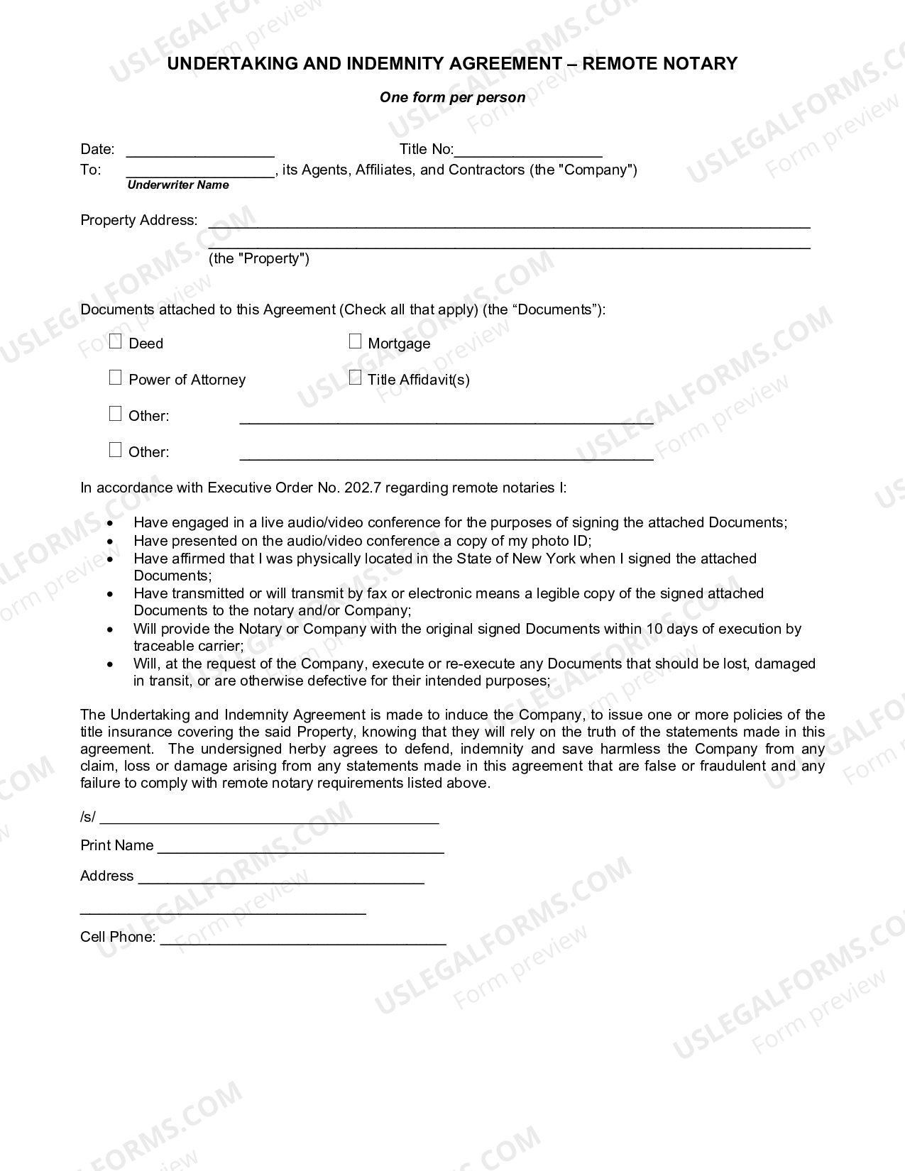 New York Undertaking and Indemnity Agreement- Remote Notary | US Legal ...