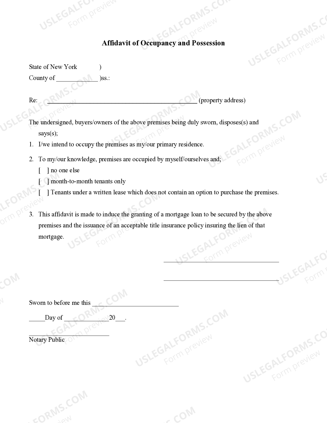 New York Affidavit of Occupancy and Possession | US Legal Forms